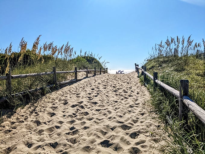 Nature's red carpet between sea oats and anticipation. This sandy pathway practically whispers, "The ocean will see you now."