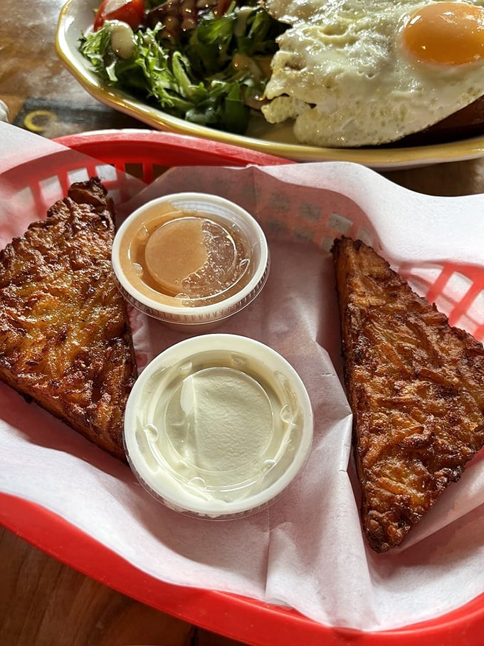 Potato latkes that would make your bubbe weep with joy. Crispy exterior, tender inside, with the perfect companions of sour cream and applesauce.