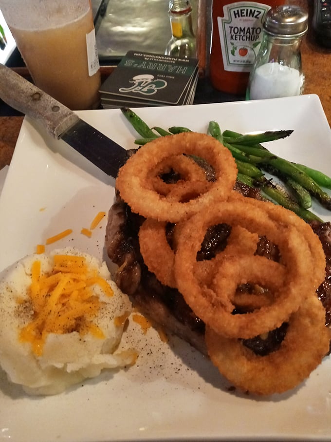 A steak that's dressed for success with those crispy onion rings playing the perfect supporting role.