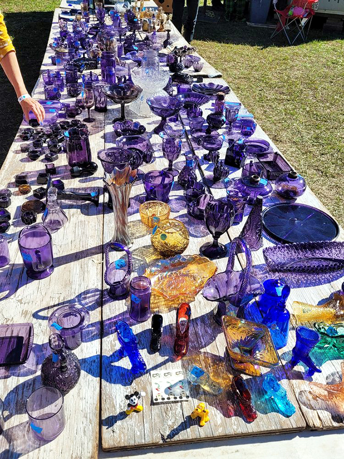 Purple reign! This dazzling collection of amethyst glassware catches sunlight like liquid jewelry—each piece telling stories of elegant dinner parties past.