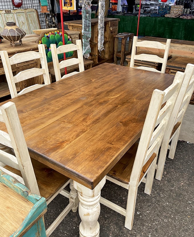Rustic dining sets that whisper tales of family gatherings yet to come – no assembly required, just memories waiting to be made.