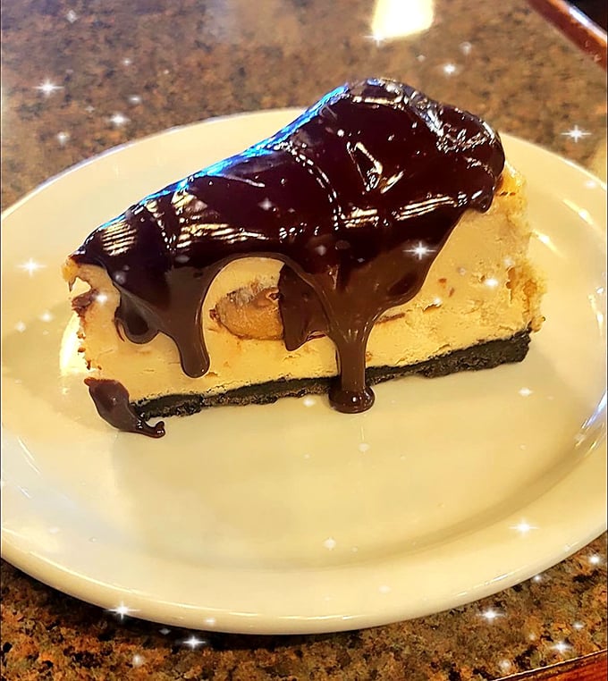 This Reese's cheesecake doesn't just flirt with chocolate—it commits completely, with a glossy ganache that reflects your delighted expression.