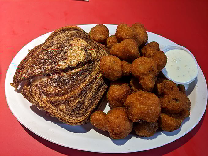 Fried mushrooms and a Reuben—the comfort food equivalent of wearing your favorite sweater while wrapped in a warm blanket during a thunderstorm.