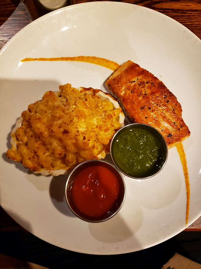 Salmon that's crisped to golden perfection alongside mac and cheese that would make your childhood self high-five your adult self.