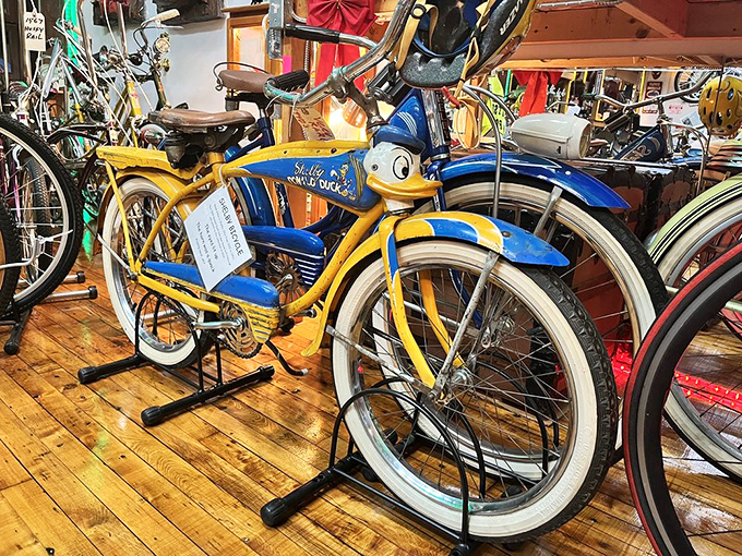 The Shelby Donald Duck bike combines childhood nostalgia with vintage craftsmanship—Disney magic meets American manufacturing in the most delightful way.