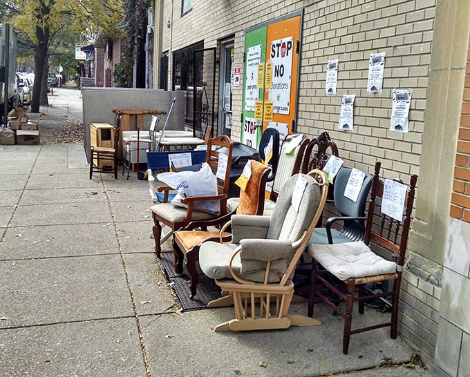 Sidewalk furniture auditions – these chairs and rockers are hoping you'll give them the role of "favorite reading spot" in your home.