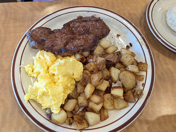 When steak and eggs join forces, magic happens. This plate doesn't just say "good morning" – it shouts "GREAT morning!" with every savory bite.