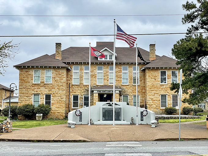 The Stone County Courthouse stands proud like the community's living room—where history and small-town governance meet limestone elegance. 