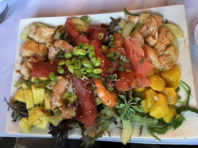 A colorful seafood masterpiece that makes salads everywhere feel deeply inadequate. Those shrimp look like they're doing a victory lap.
