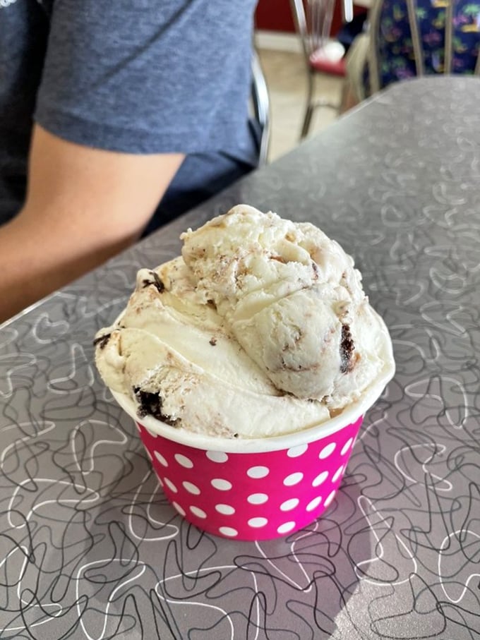This isn't just ice cream—it's therapy in a polka dot cup. Those cookie chunks aren't mix-ins; they're emotional support systems.