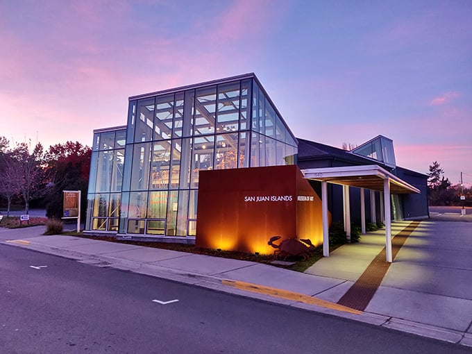 The San Juan Islands Museum of Art glows at twilight, its modern glass structure housing Pacific Northwest creativity while reflecting the island's magical evening light.