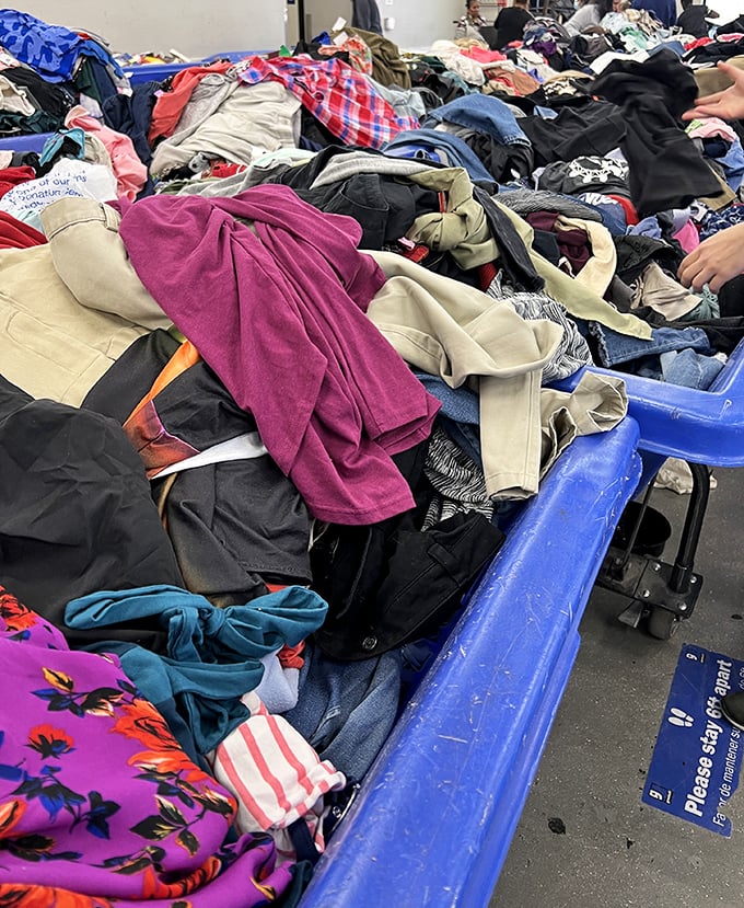 A textile mountain range where patient prospectors can strike gold—designer labels hiding between everyday fabrics like secret messages from the retail gods.