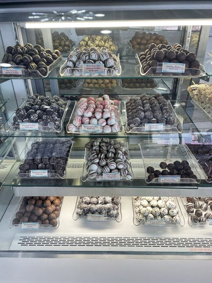 Chocolate truffles arranged with military precision, each one a tiny edible work of art waiting to ambush your diet plans.