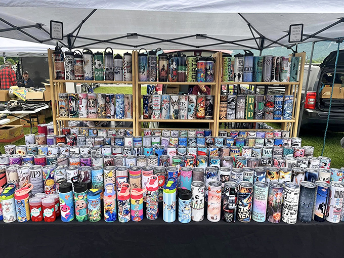 A tumbler collector's dream come true! These colorful drink vessels stand at attention like soldiers ready to march into someone's kitchen cabinet.