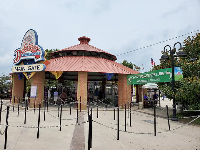 The Delaware State Fair's main gate welcomes visitors to ten days of agricultural celebration, entertainment, and diet decisions you'll rationalize until September.