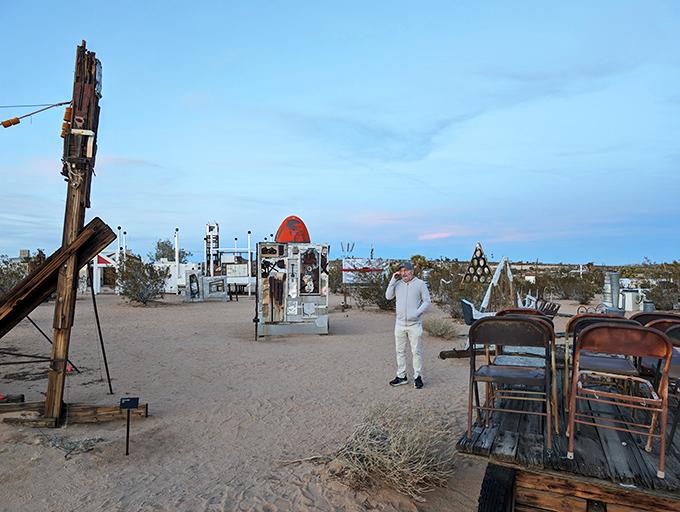 The museum offers a different perspective at every turn. Here, installations create striking silhouettes against the endless blue canvas of the Joshua Tree sky.