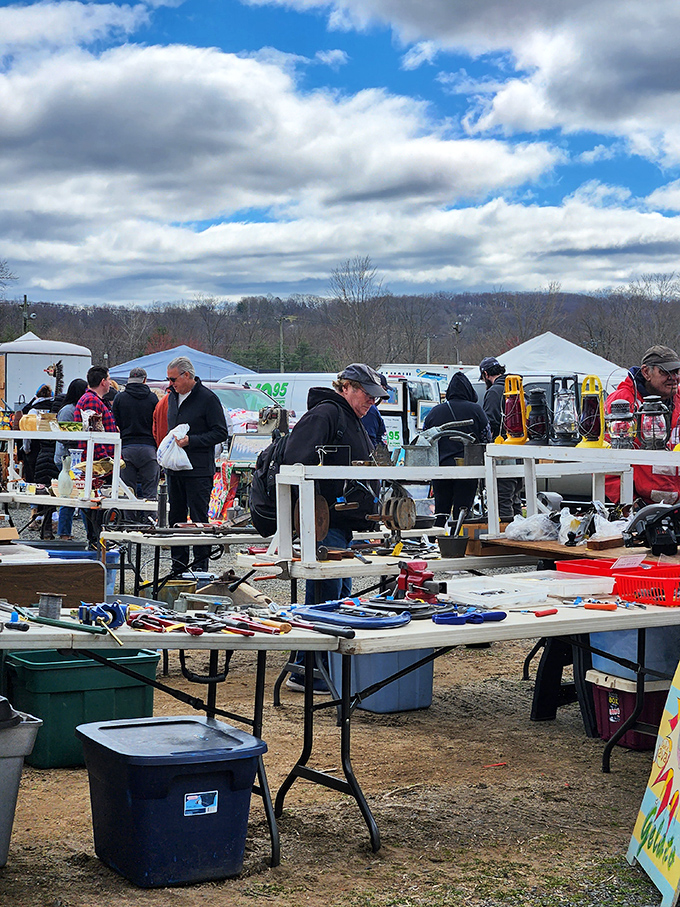 Tools of every trade line these tables. One person's retired hammer is another's vintage wall art—that's the beauty of it all.