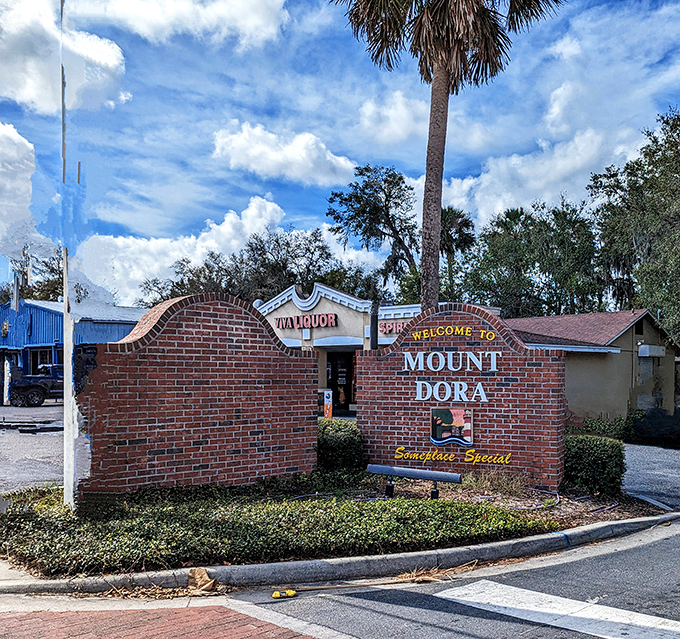 The welcome sign says "Mount Dora" but might as well read "Time Travel Available Here." Somehow both quaint and vibrant simultaneously.