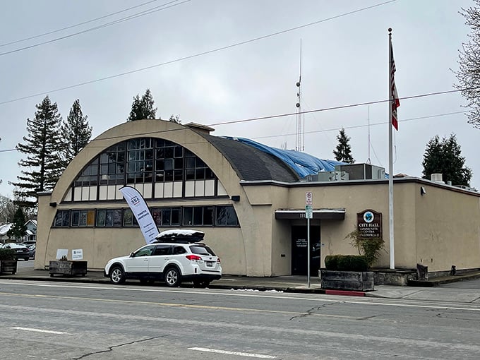 Willits City Hall's distinctive curved roof design makes bureaucracy look almost appealing—almost.