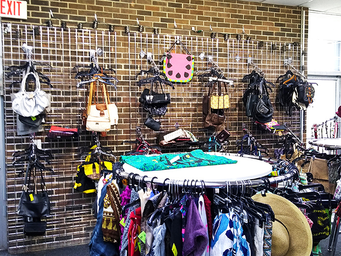 The handbag wall—where designer dreams meet wallet-friendly reality. That leather tote could have stories to tell about its previous life.