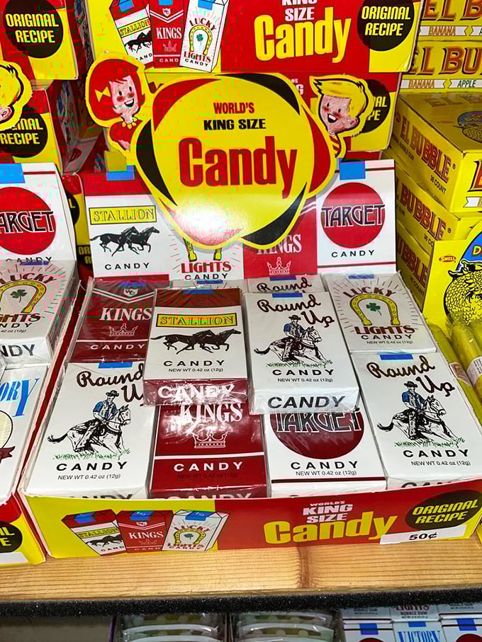 Cigarette candy boxes lined up like a 1950s corner store display – rebellion in sugar form that once made every kid feel dangerously cool.