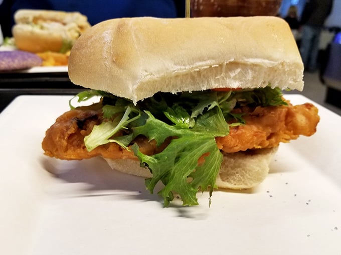 Not just any chicken sandwich—this creation elevates lunch to art form status with crispy coating, fresh greens, and bread that knows its supporting role.