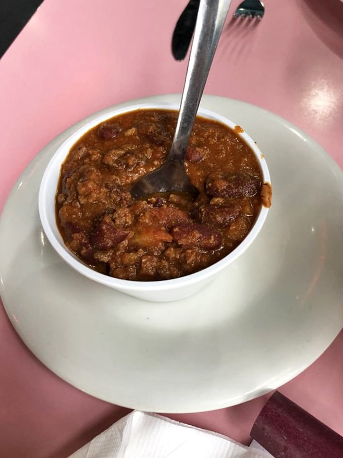 Chili so hearty it could win a weightlifting competition. This isn't just a side dish—it's the main event in a very small arena.