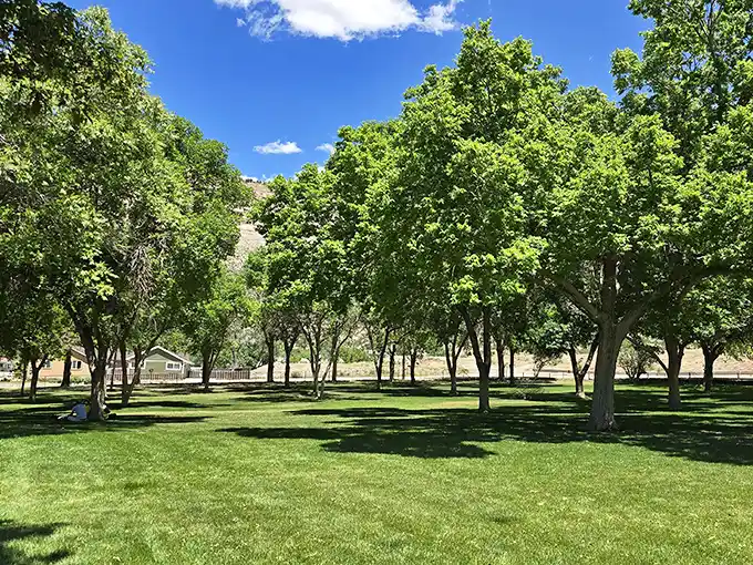 Beneath a canopy of shade trees, Helper's city park offers a green oasis where the only notification you'll receive is the sound of birds.