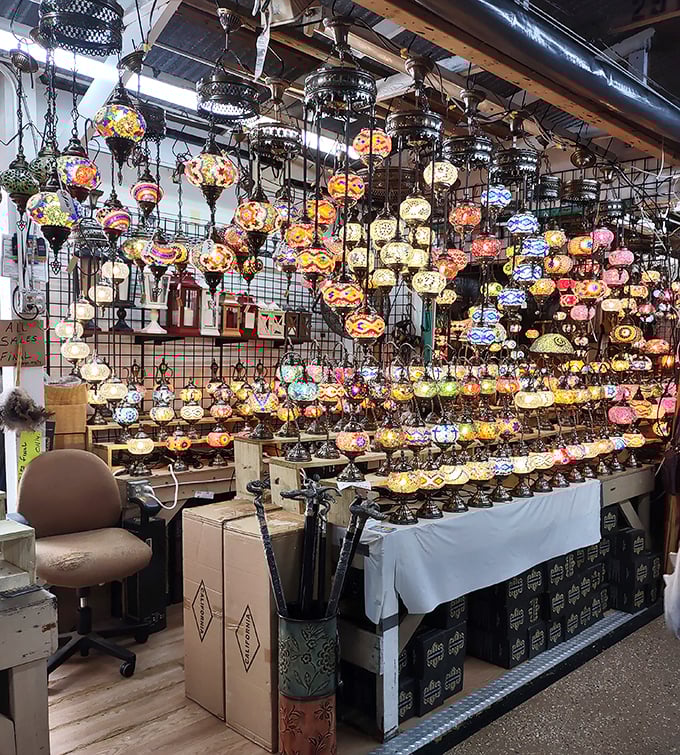 A constellation of handcrafted mosaic lamps transforms an ordinary booth into an Arabian Nights fantasy. Each one tells a different colorful story.