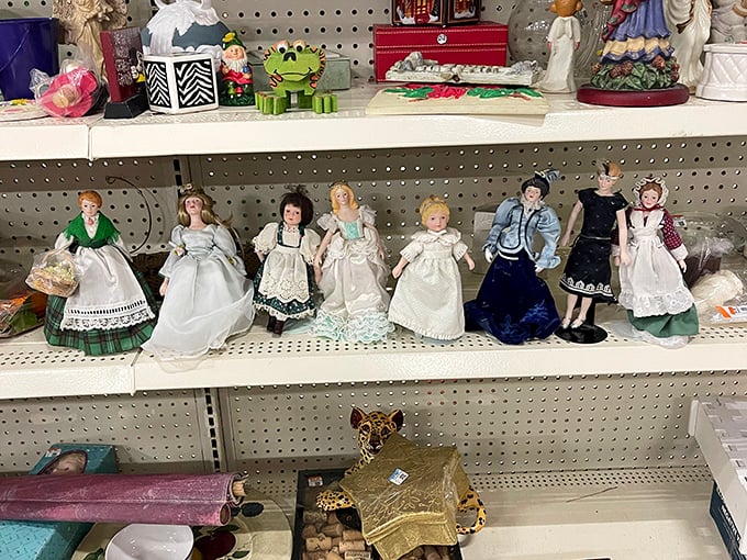 A porcelain parliament of perfectly posed dolls awaits adoption, each one silently promising not to come alive at midnight.