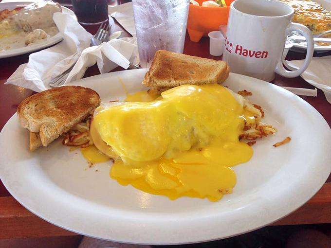Hollandaise sauce cascading over eggs like a golden waterfall, transforming humble hash browns into a supporting act worthy of applause.