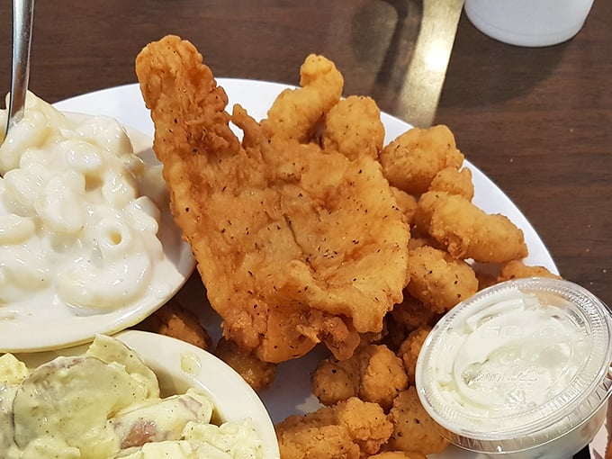 Golden-fried flounder and creamy sides—proof that Countryside's talents extend well beyond the smoker. The South's culinary versatility on display.