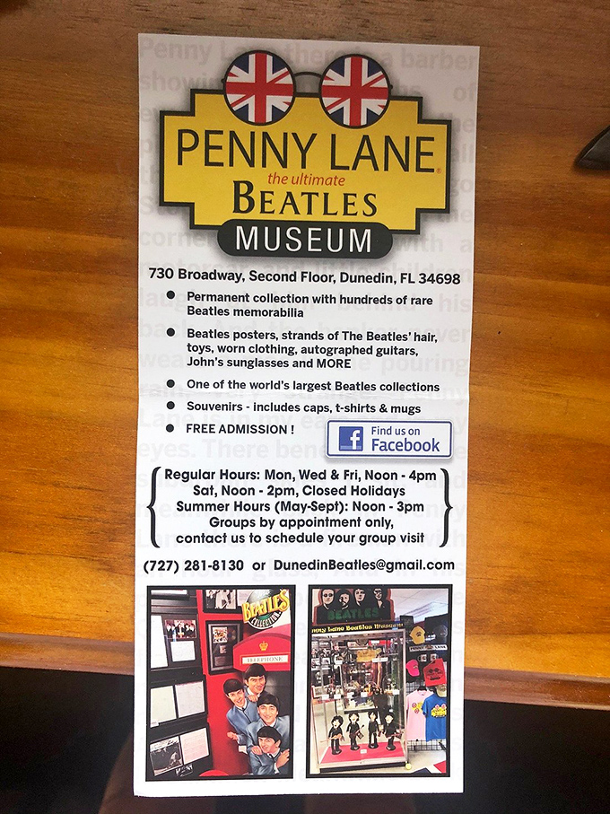 Free admission? Imagine that! This flyer reveals the museum houses strands of actual Beatles hair—taking fandom to new lengths.