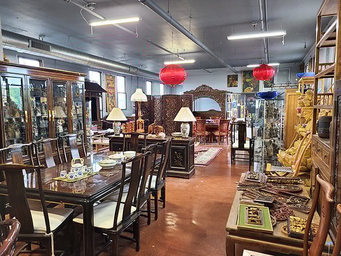 The Asian-inspired furniture section feels like you've stepped into a different continent altogether. Those red lanterns aren't just decoration—they're portals to another time.