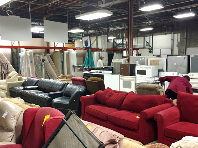 Living room time machines await new homes – that red couch has definitely witnessed family game nights and at least one Super Bowl party.