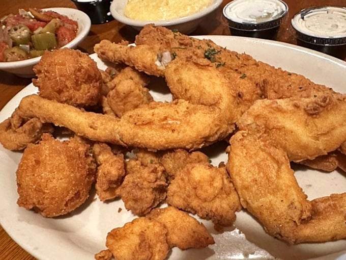 The Florida trinity: gator, frog, and catfish. A plate that tells more stories about the Sunshine State than any tourist brochure ever could.