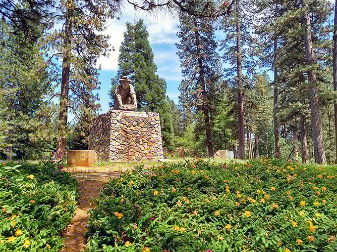 Nature's tribute to the gold miners: wildflowers frame this monument like Mother Earth saying, "I've forgiven you for all that digging."