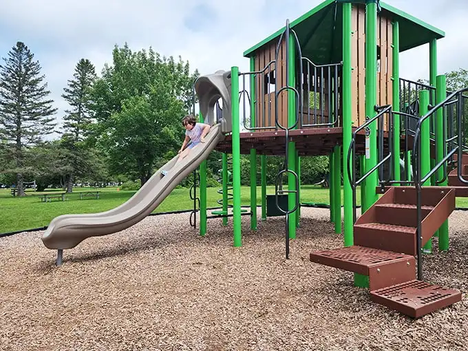 The playground at Brimley State Park—where kids burn energy and parents silently thank park planners for this moment of peace.