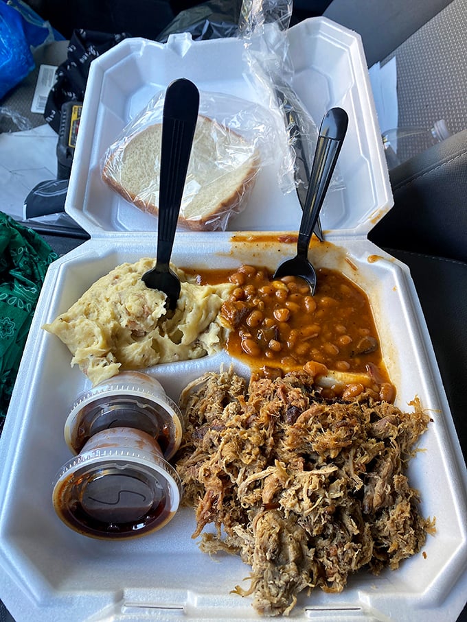 Pulled pork that redefines your relationship with sandwiches. Paired with those baked beans, it's the kind of meal that makes you cancel afternoon plans.
