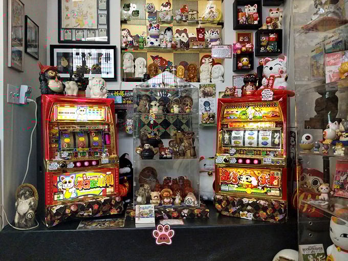 Even the slot machines here feature lucky cats! These colorful gaming cabinets prove fortune comes in many forms – some more literal than others.