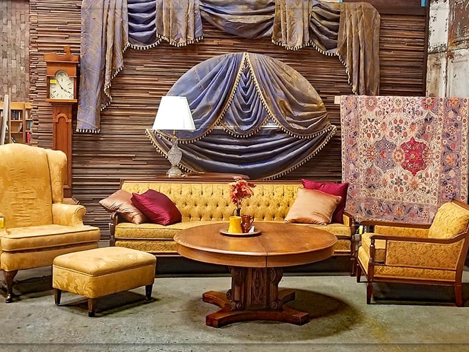 A living room tableau that screams "royal family meets eccentric aunt"—that mustard yellow tufted sofa could be the conversation piece your home never knew it needed.