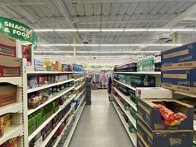 Snack attack central! Name-brand munchies line these aisles like old friends who suddenly became much more affordable to hang out with.