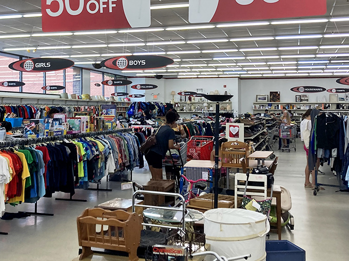 Treasure hunters in their natural habitat. The 50% off signs are like sirens, luring shoppers deeper into this bargain wonderland.