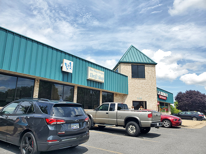 Teal and brick create the perfect small-town vibe for serious treasure hunting in Winchester.