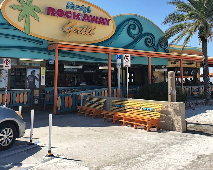 Frenchy's Rockaway Grill – where beach vibes and seafood dreams collide under those cheerful turquoise waves.