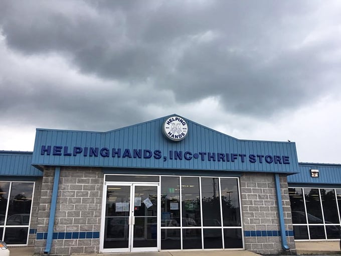 Helping Hands' blue exterior is like a sapphire in Bentonville's retail landscape—eye-catching and valuable.