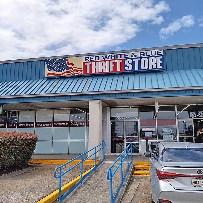 The patriotic banner says it all—this isn't just shopping, it's an American tradition of thrift and resourcefulness.