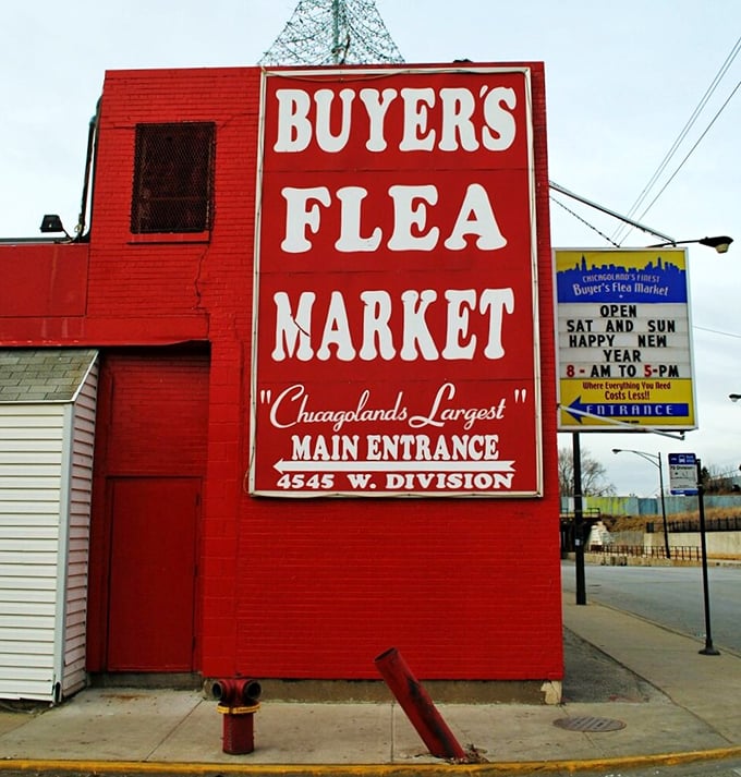 That bold red building isn't playing hard to get—it's practically shouting "Bargains inside!" to passing shoppers.