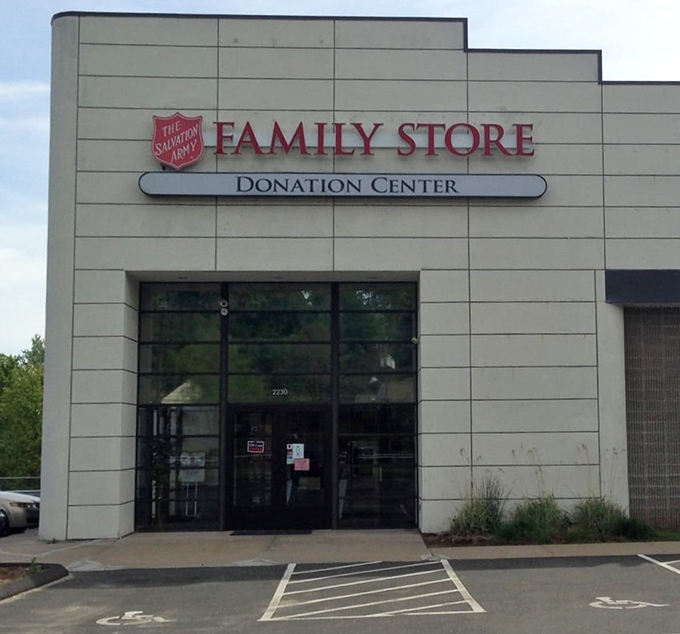 The Salvation Army Thrift Store's crisp white building promises a clean, organized shopping experience. Bargain heaven with a side of good karma. 