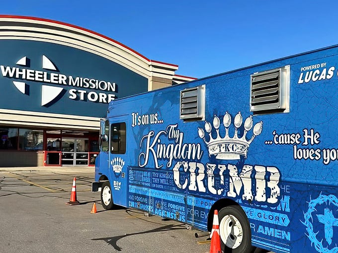 The Wheeler Mission Store's bright blue truck delivers more than meals – it brings hope and bargains to the community.